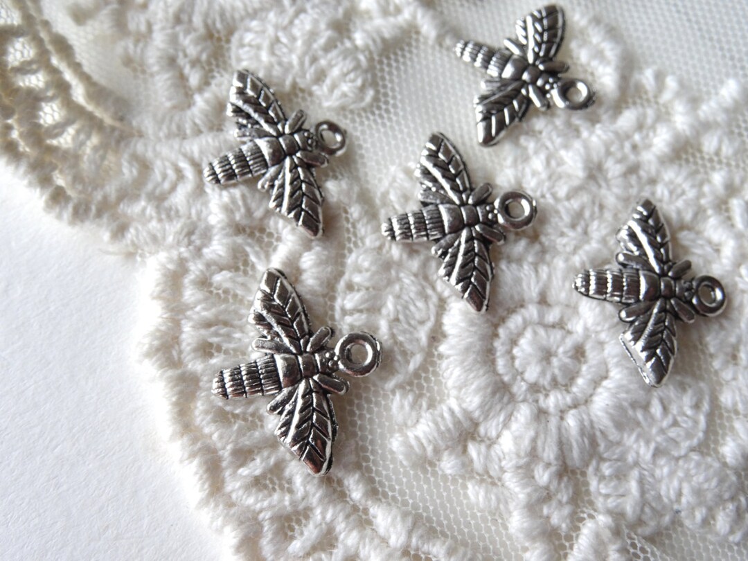 6- Silver Wasp Charms Winged Flying Insect Miniature Bug 1 Sided Open ...