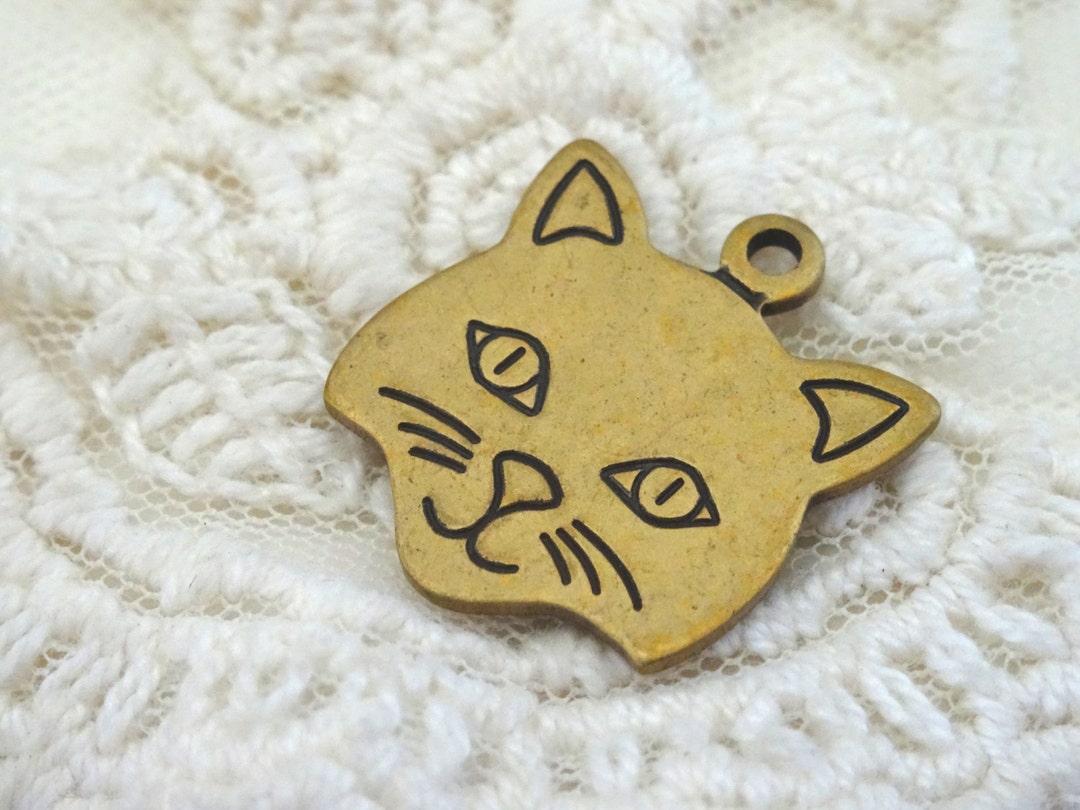 5- Cat Face Charms Vintage Antique Gold Kitten Face Animal Halloween ...