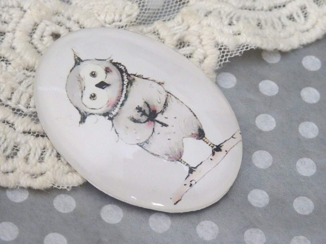 1- Baby Owl Cabochon Large 40 X 30 Mm Glass Baby Animal Drawn Style ...