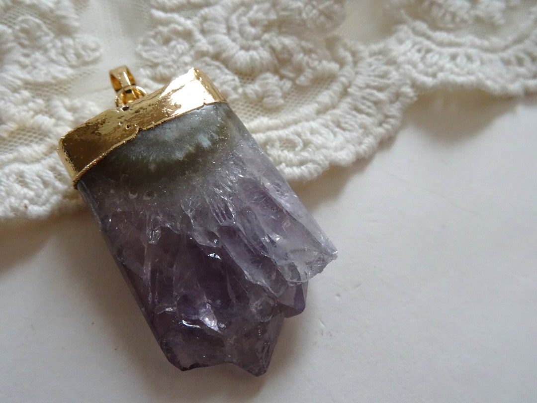 1 Natural Amethyst Quartz Pendant Precious Stone Gold Plated Geode ...