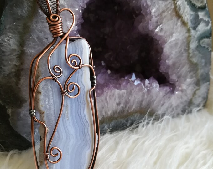 Blue Lace Agate Wire Wrap Pendant Copper Sterling Silver - Etsy
