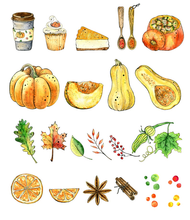 Watercolor Fall Clipart Png, Pumpkin and Autumn Leaves, Cupcake, Coffee ...