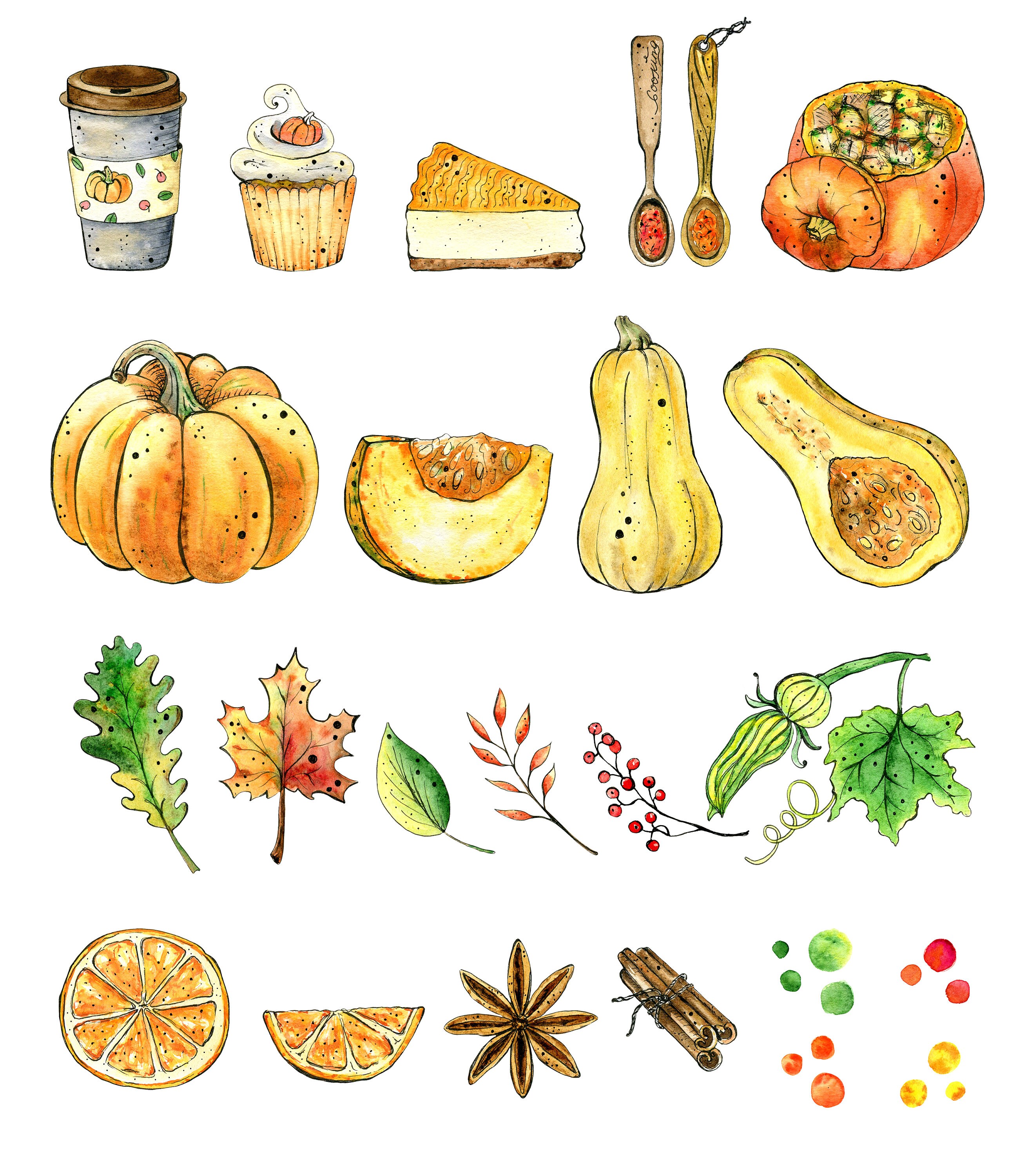 Watercolor Fall Clipart Png, Pumpkin and Autumn Leaves, Cupcake, Coffee ...