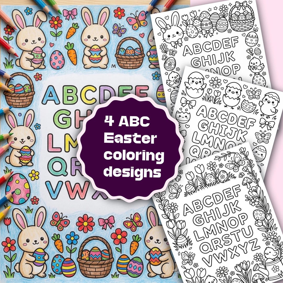 ABC Easter Coloring Pages in Kawaii Style, 4 Design Bundle of Preschool ...
