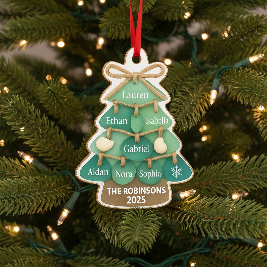 Personalized Sea Glass Family Tree Ornament 2025, Coastal Ocean ...