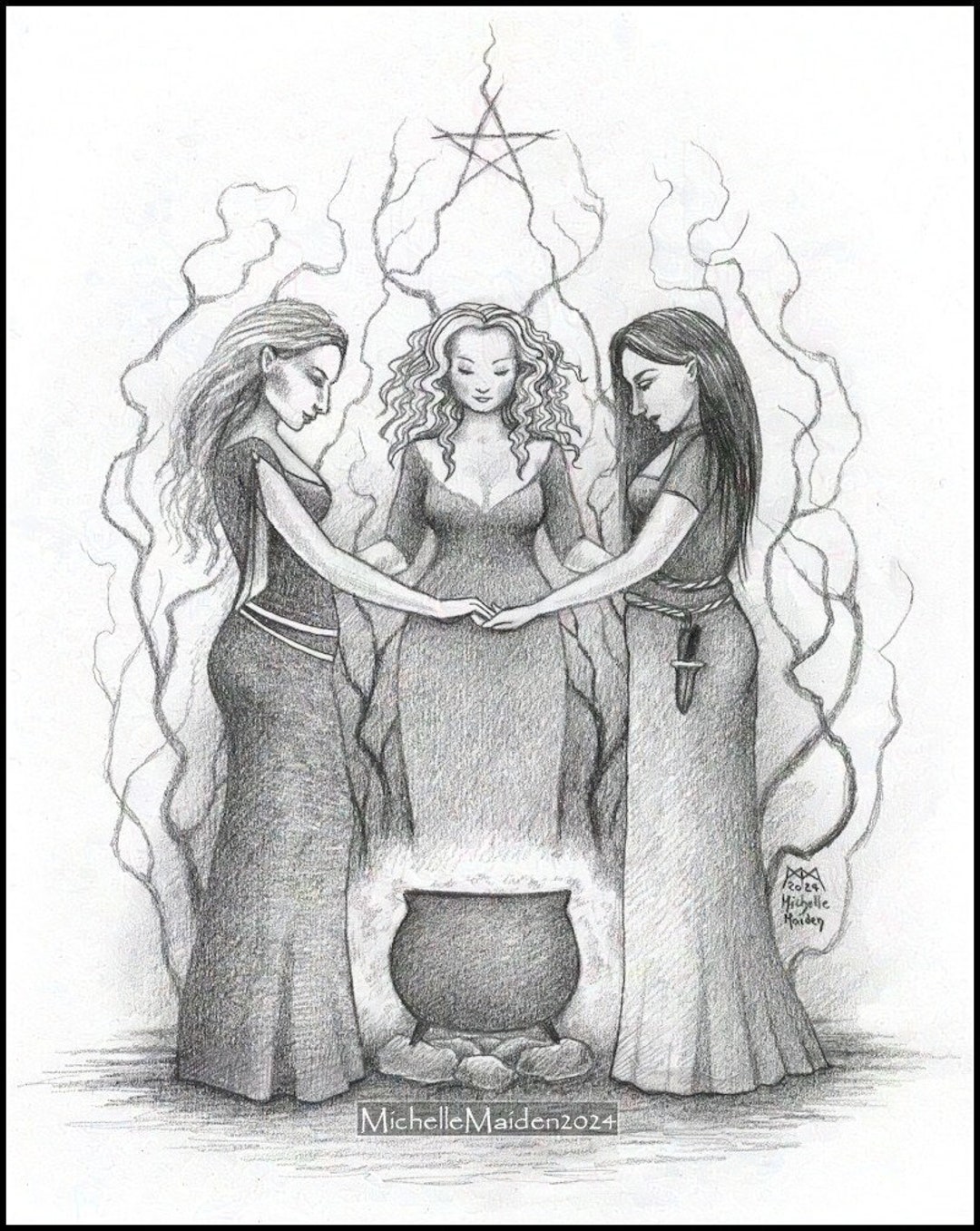 Coven of Three ORIGINAL DRAWING Witches Traditional Magic Friends ...