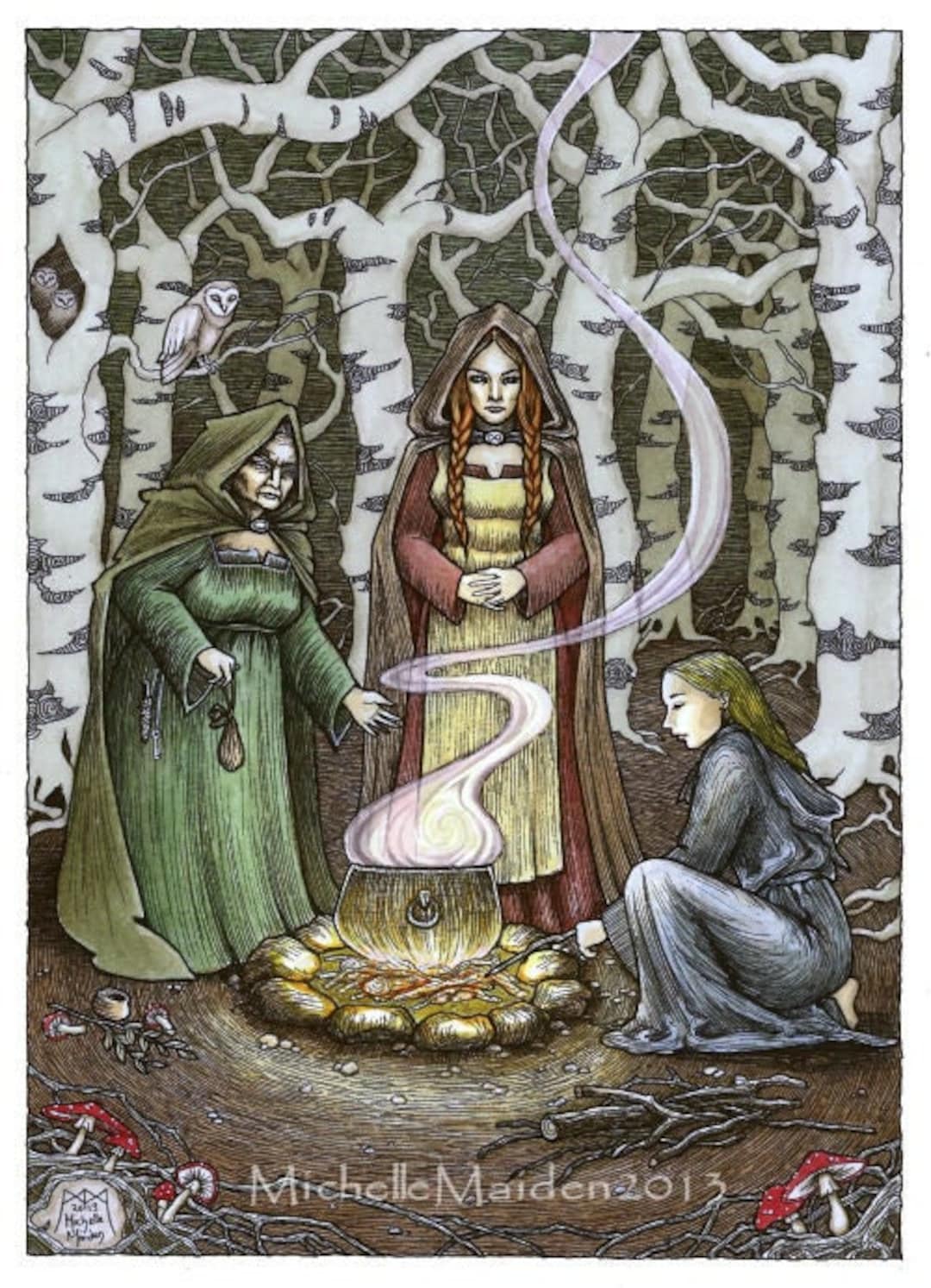 ORIGINAL Witches Art Three Wyrd Sisters Mixed Media Hand Coloured Print ...