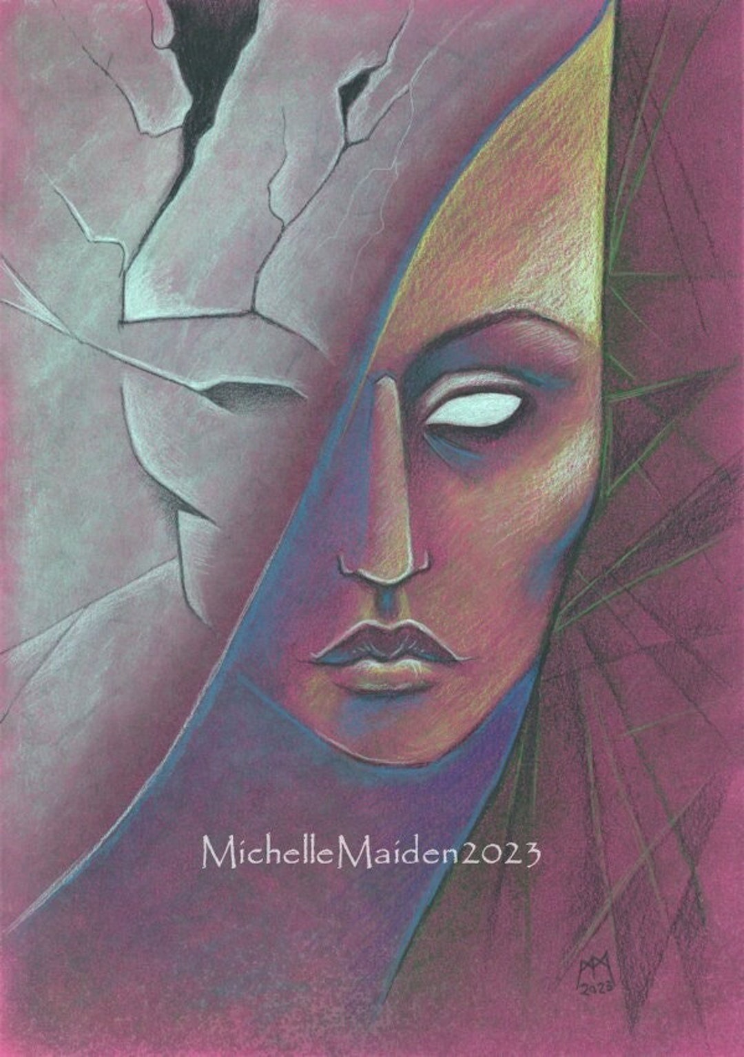 ORIGINAL Abstract Pastel Drawing, Unusual Psychological Emotional Head ...