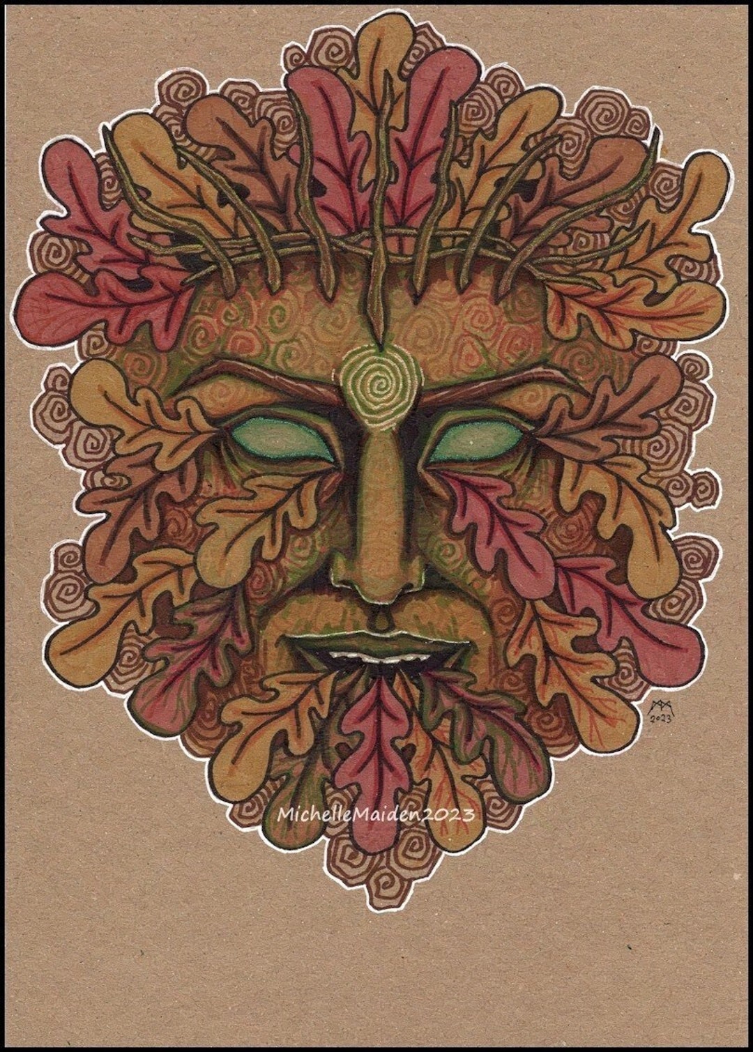 Autumn Foliate Head ORIGINAL Drawing Goblincore Traditional Green Man ...