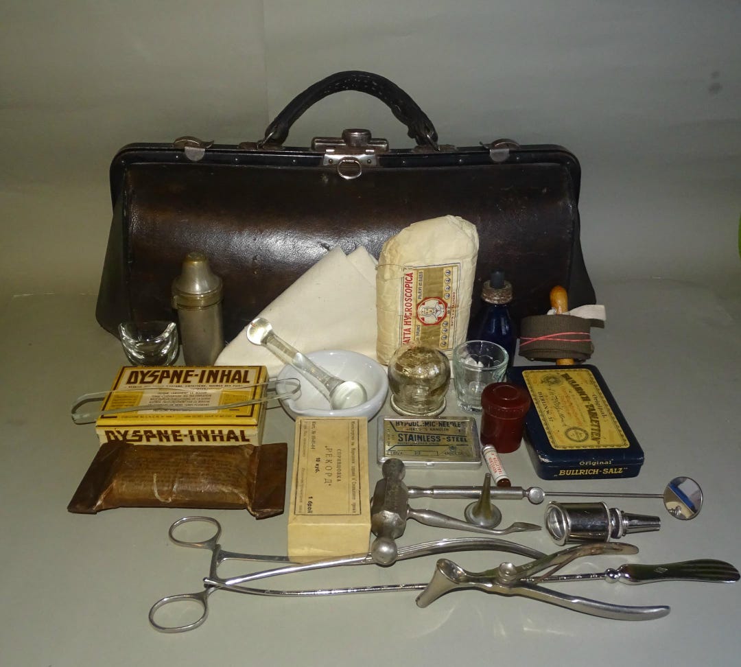 Vintage Old Antique Doctor's Bag With Medical Equipment & Instruments ...