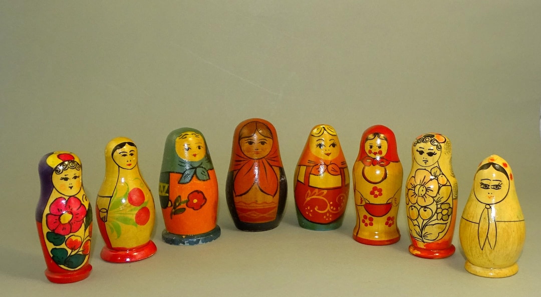 Small Collection of 8 Vintage Old Russian Soviet Solid Wooden Dolls ...