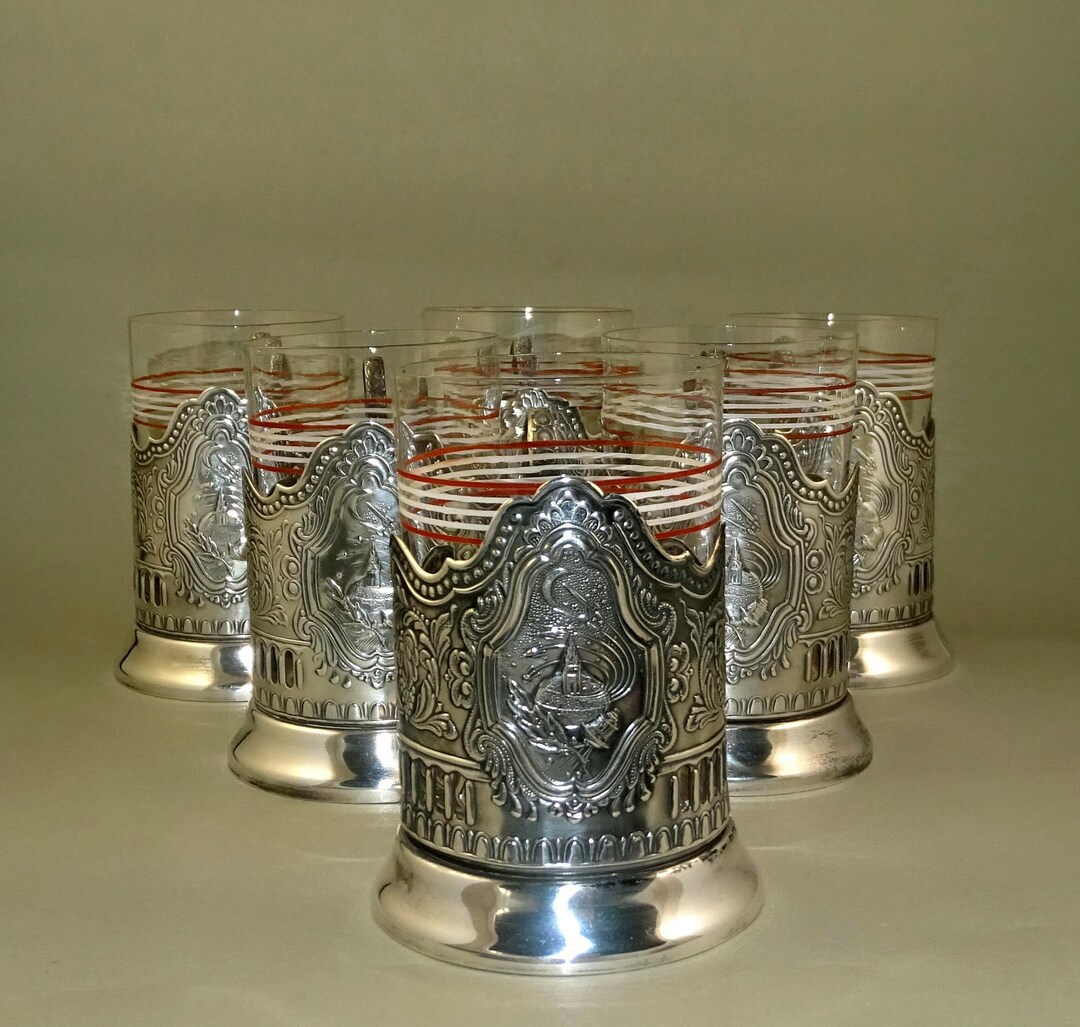 Set of 6 Vintage Russian Silver Plate Tea Cup Holders With 6 Glasses ...