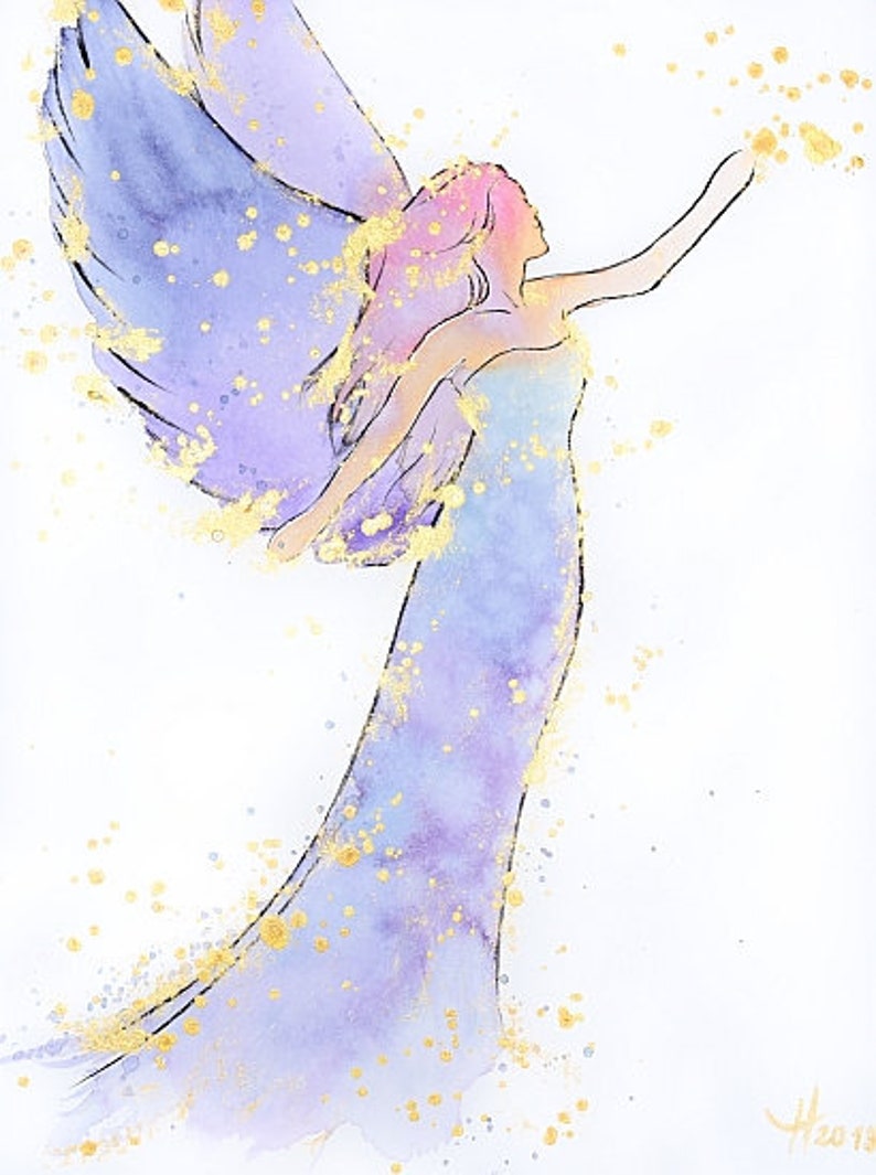 ANGEL ART PAINTING, Original Watercolor Artwork: golden Light Guardian ...