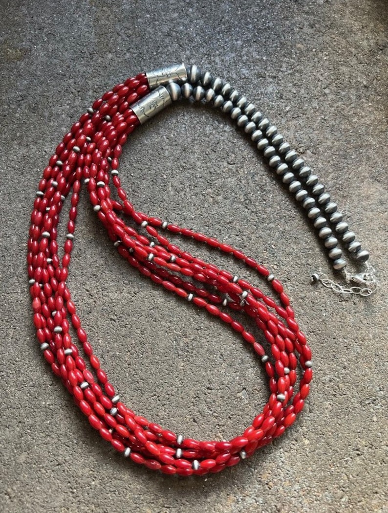 Sterling Silver Multi Strand Red Coral W Pearls Bead Necklace 36 Inch ...