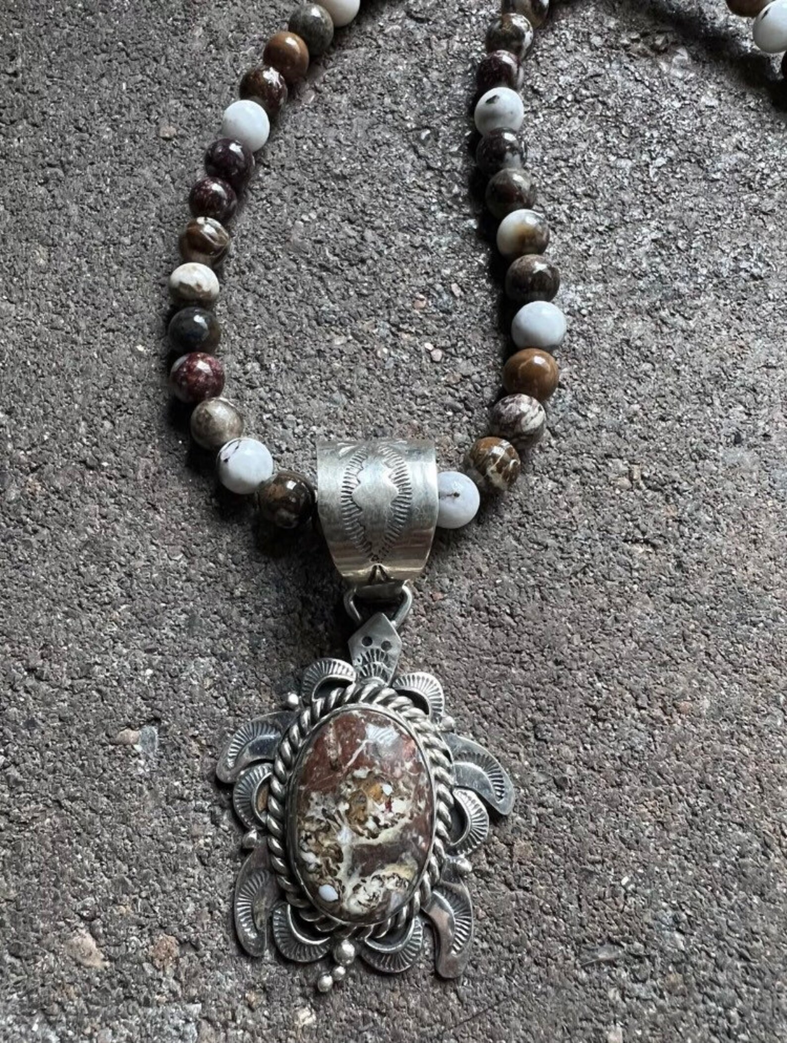 Navajo Sterling Silver Wild Horse Pendant W Bead Necklace Set. Signed ...
