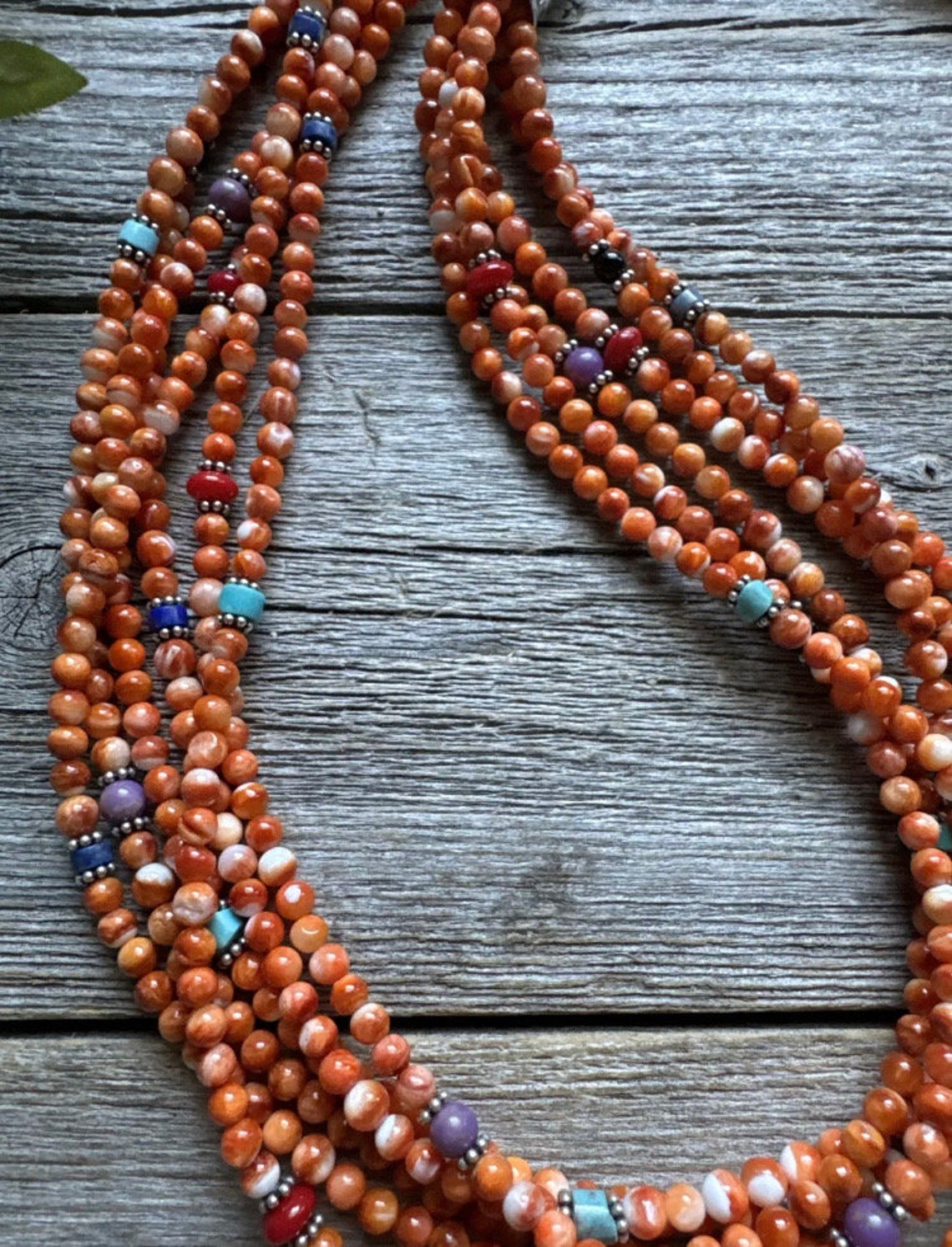 Sterling Silver Multi Strand Stone Orange Spiny Oyster Bead Necklace ...