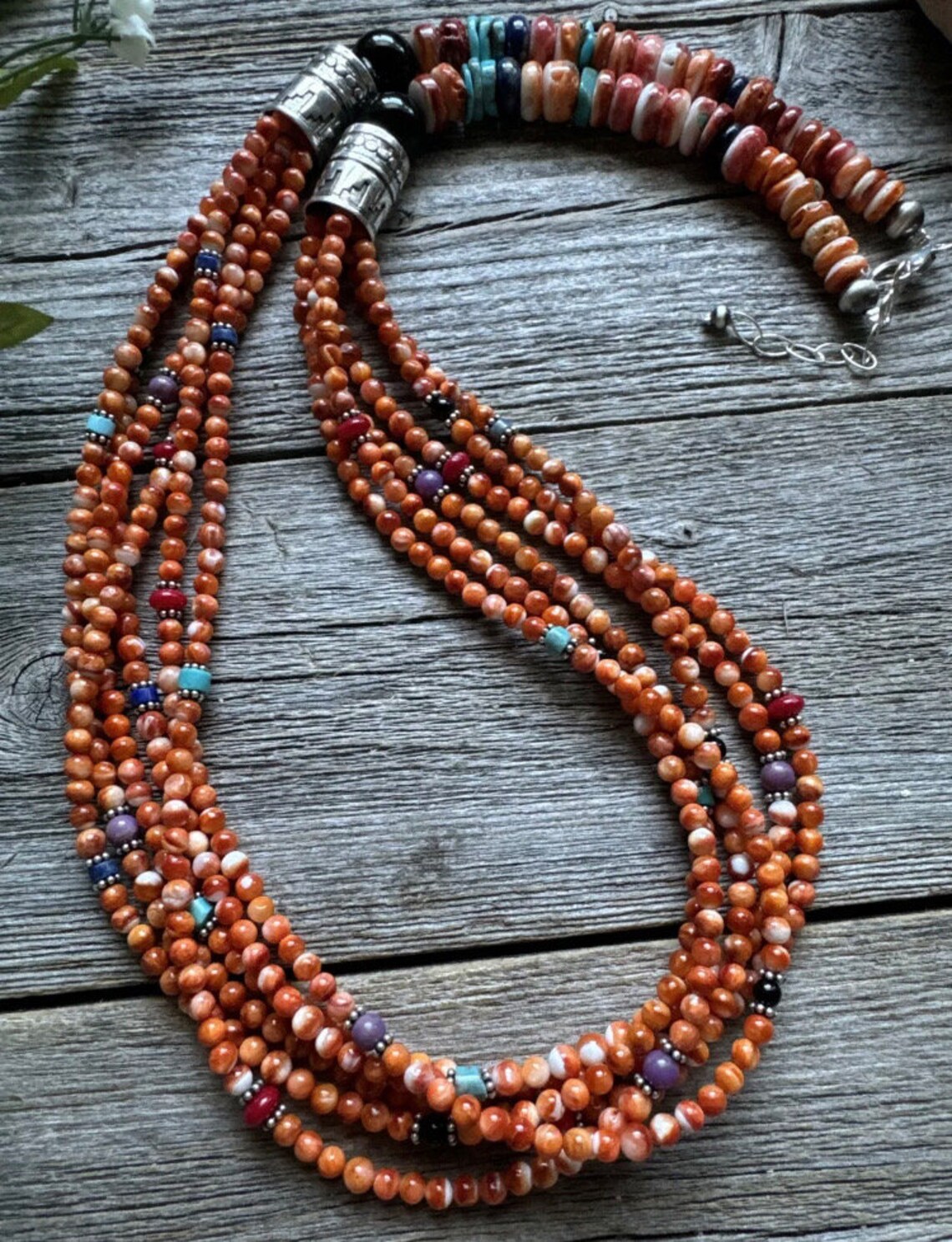 Sterling Silver Multi Strand Stone Orange Spiny Oyster Bead Necklace ...