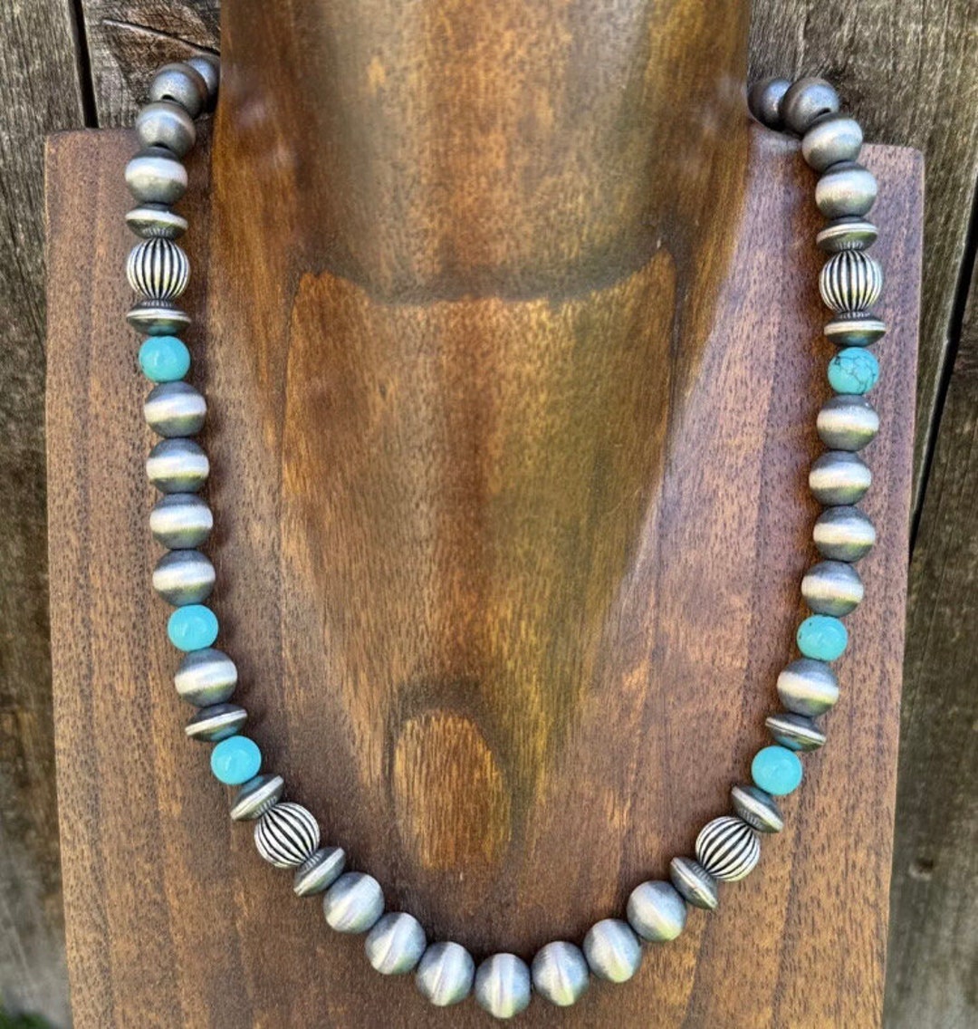 Sterling Silver Turquoise W 10mm Pearls Bead Necklace. 18 Inch - Etsy