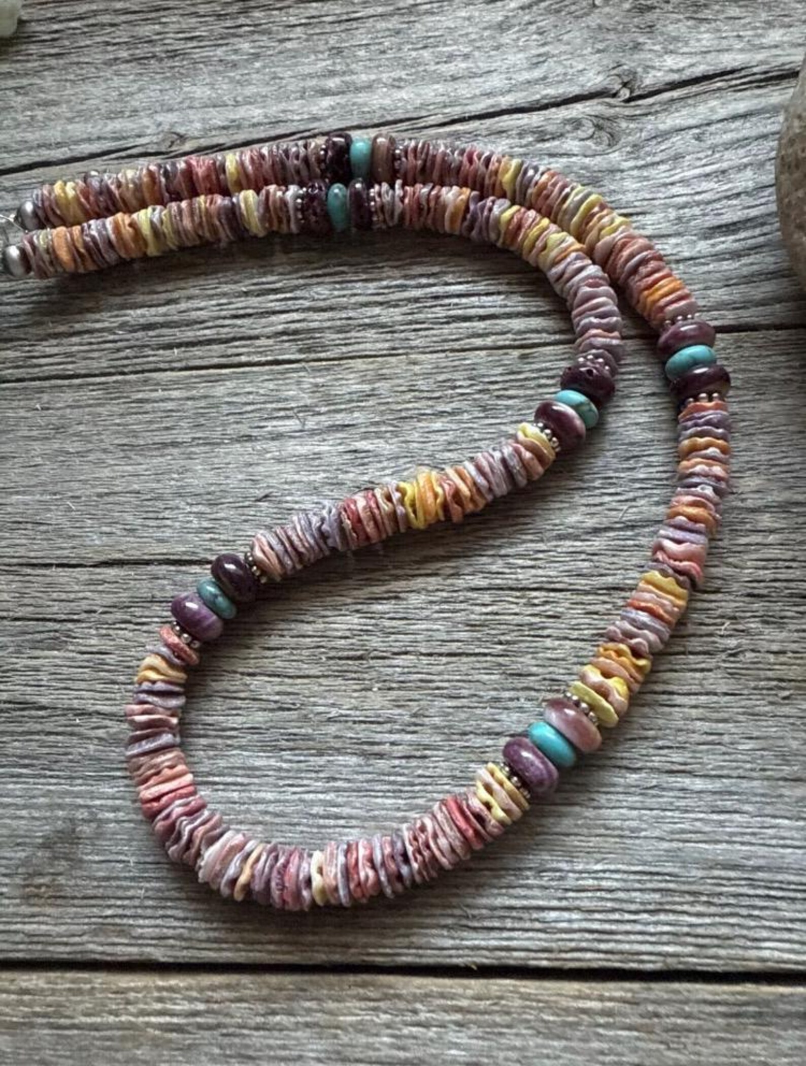 Sterling Silver Multi Color Stone Shell Spiny Turquoise Bead Necklace ...
