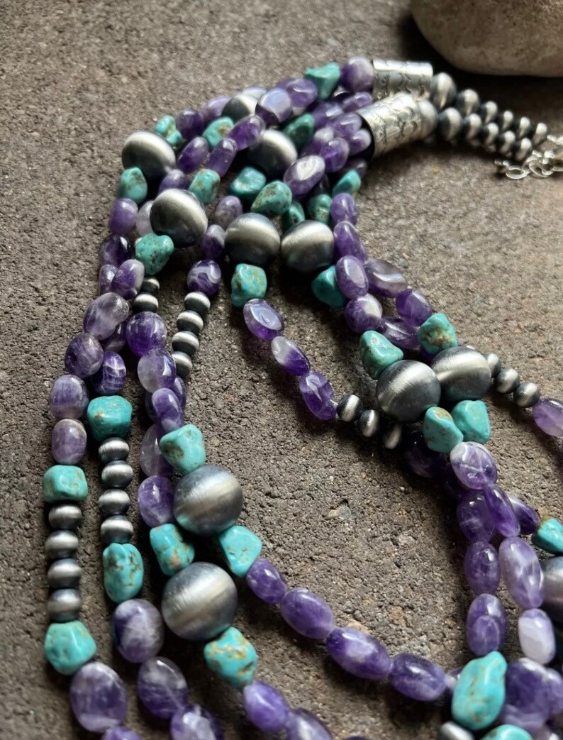 Sterling Silver Multi Strand Amethyst Turquoise W Pearls Bead - Etsy