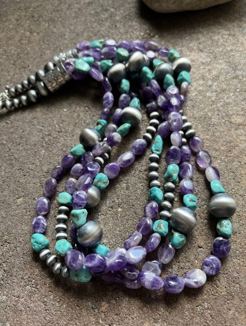 Sterling Silver Multi Strand Amethyst Turquoise W Pearls Bead - Etsy