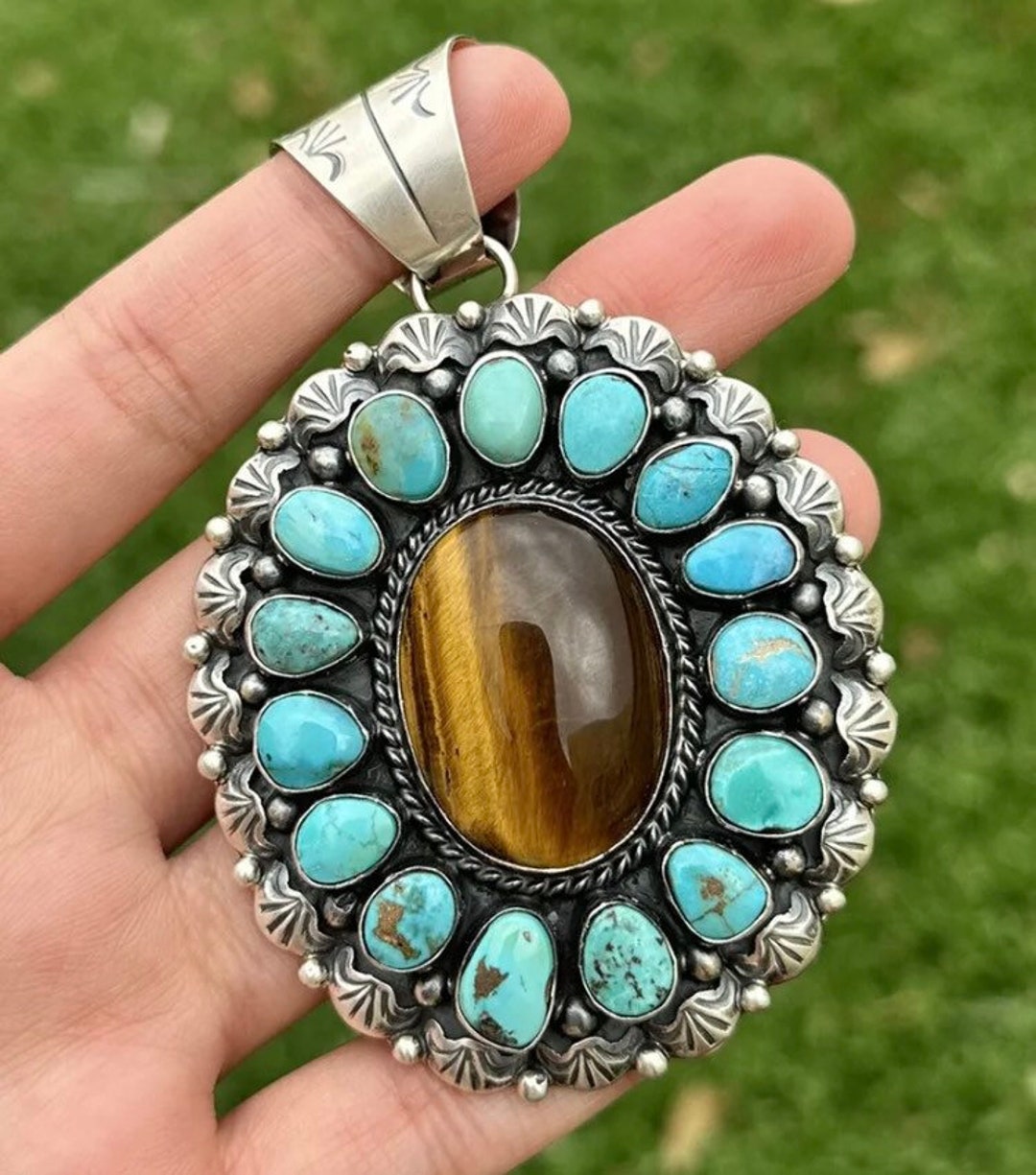 Navajo Sterling Silver Turquoise Tigers Eye Cluster Flower - Etsy