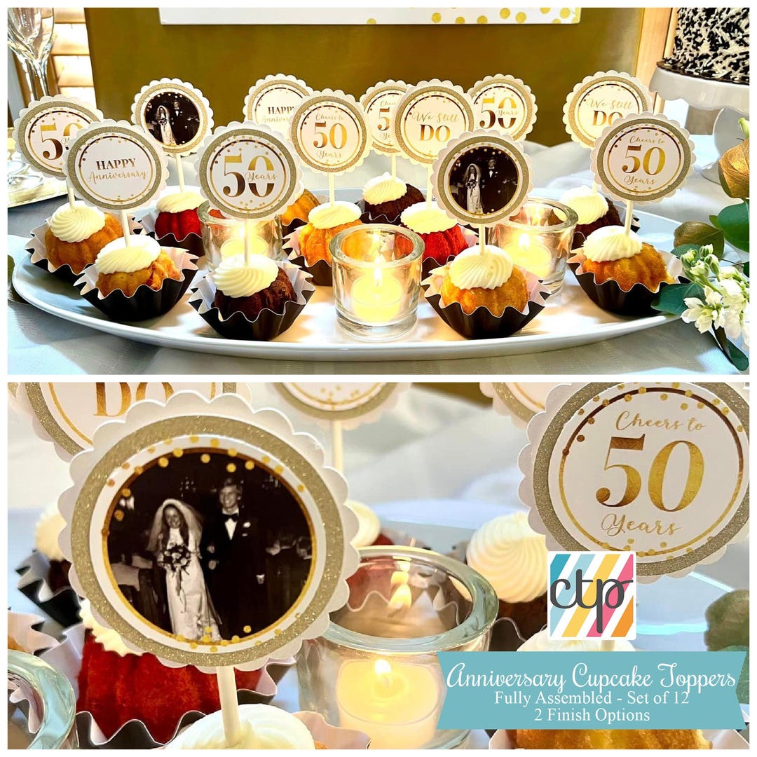 Golden Anniversary Cupcake Toppers, 50th Wedding Anniversary Party ...