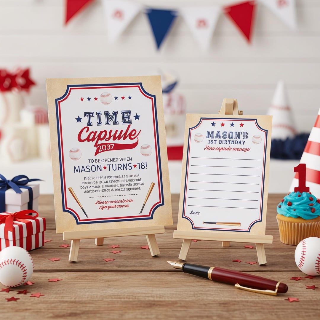 Time Capsule Sign and Message Cards for Baseball Themed Birthday ...