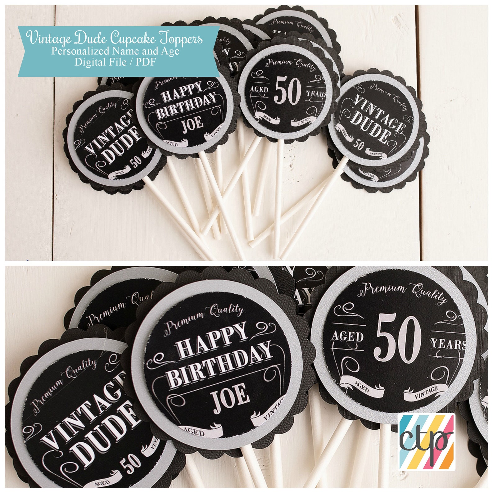 Masculine Birthday Party Cupcake Toppers Vintage Dude - Etsy