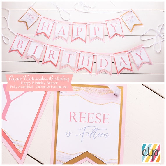 Happy Birthday Banner, Watercolor Agate Birthday Decorations, Daughter ...