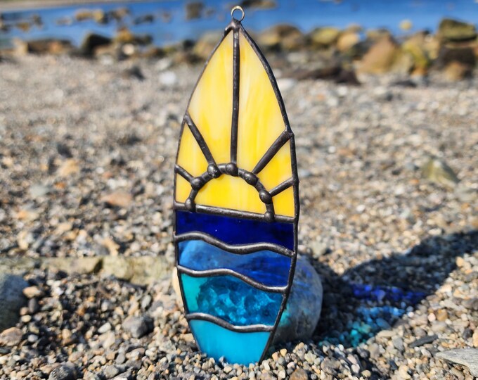 Unique Stained Glass Surfboard Ornament With Ocean Sunrise, Colorful ...