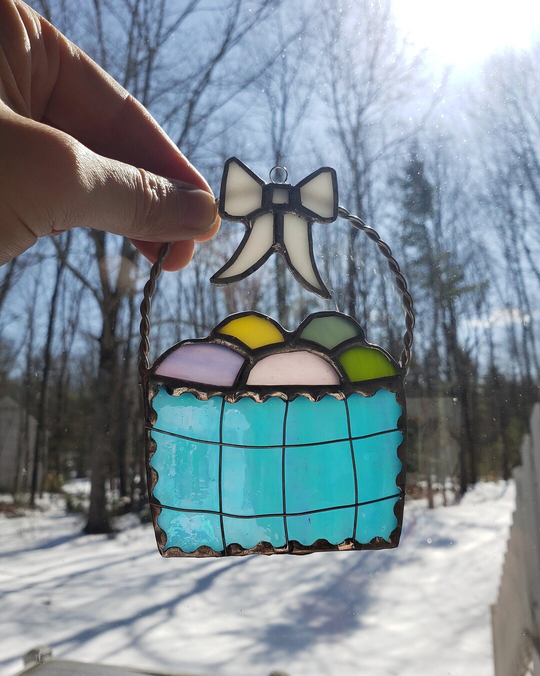 Unique Stained Glass Easter Basket Suncatcher With Colorful Eggs ...