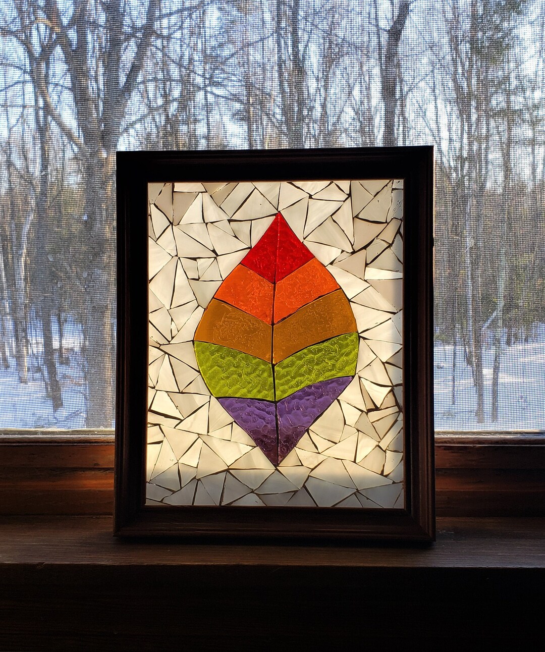 Colorful Fall Leaf Mosaic Picture, Unique Stained Glass Multicolored ...