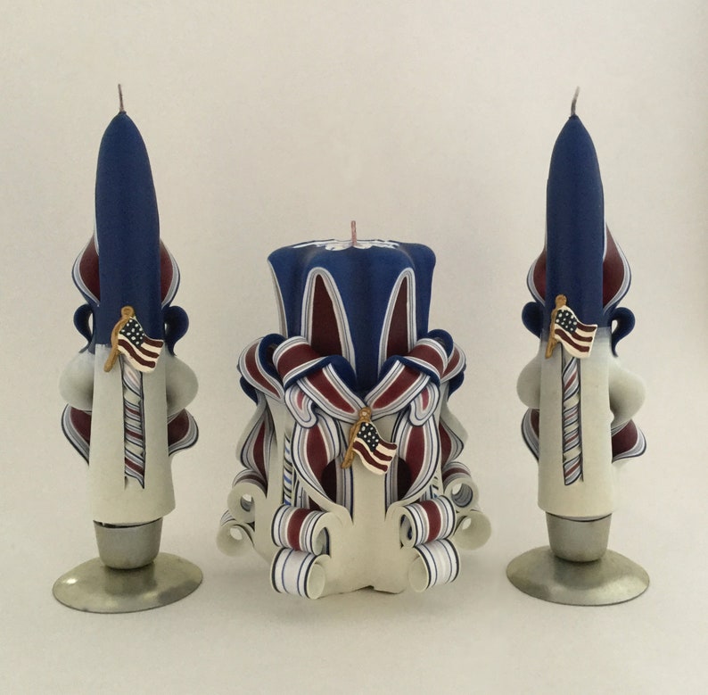 Hand-carved Americana Candle Set With Flag Accents - Etsy