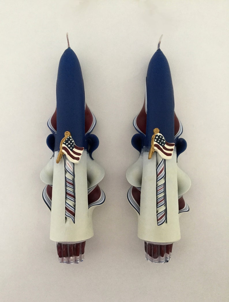 Hand-carved Americana Candle Set With Flag Accents - Etsy