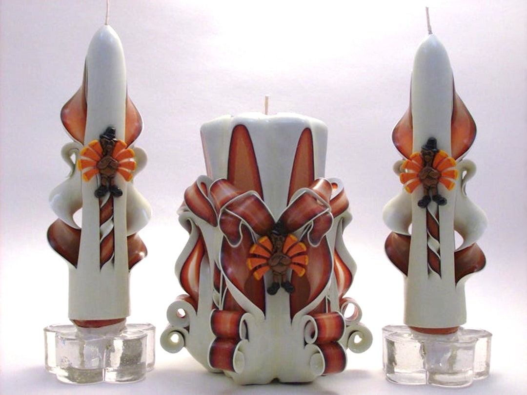 Carved Thanksgiving Candle Set With Turkey Accents - Etsy