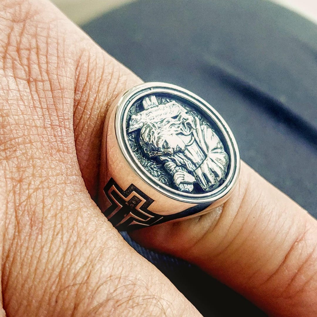 Sterling Silver Jesus Christ Signet Ring, Religious Cross Ring ...