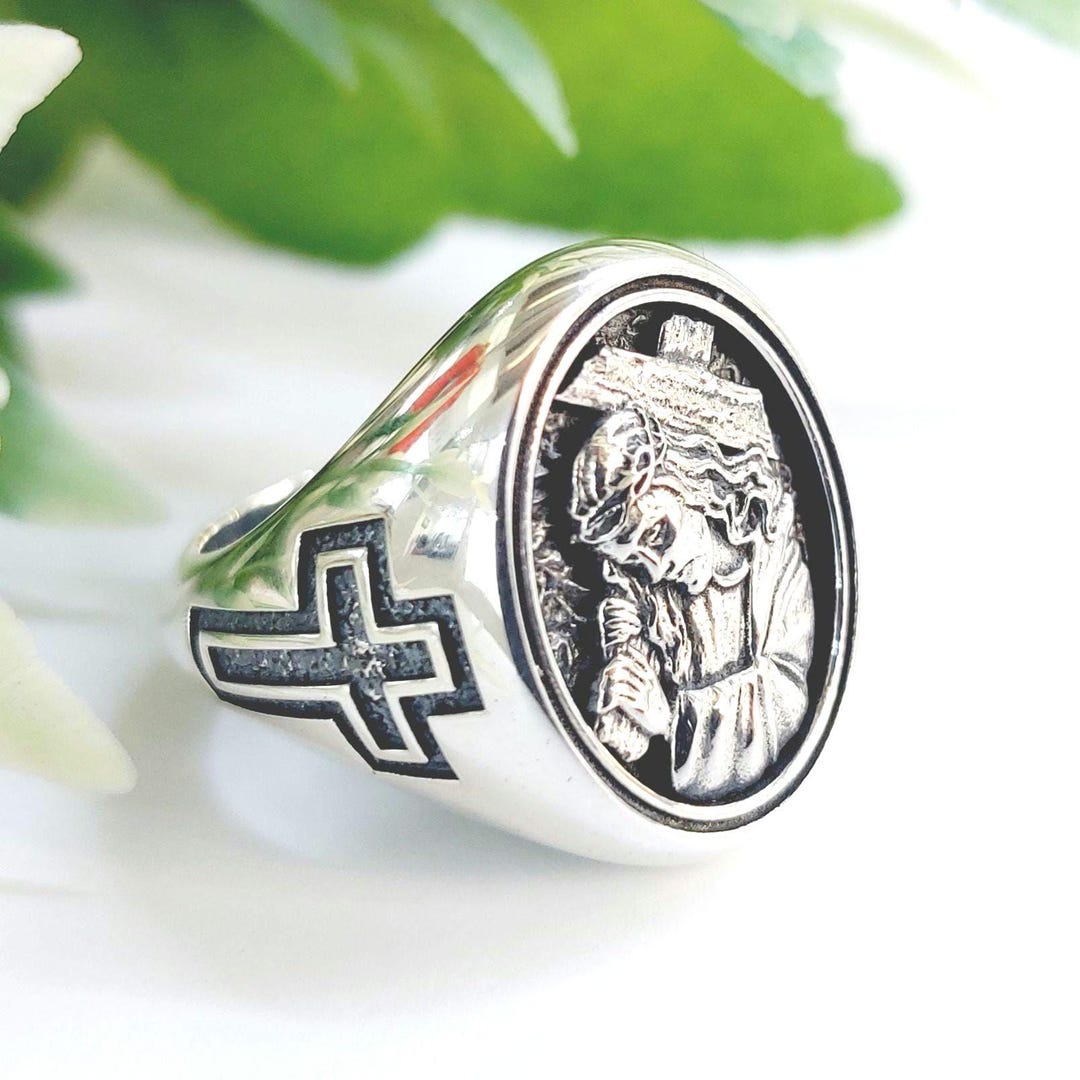 Sterling Silver 925 Jesus Christ Signet Ring, Oval Cross Signet Ring ...