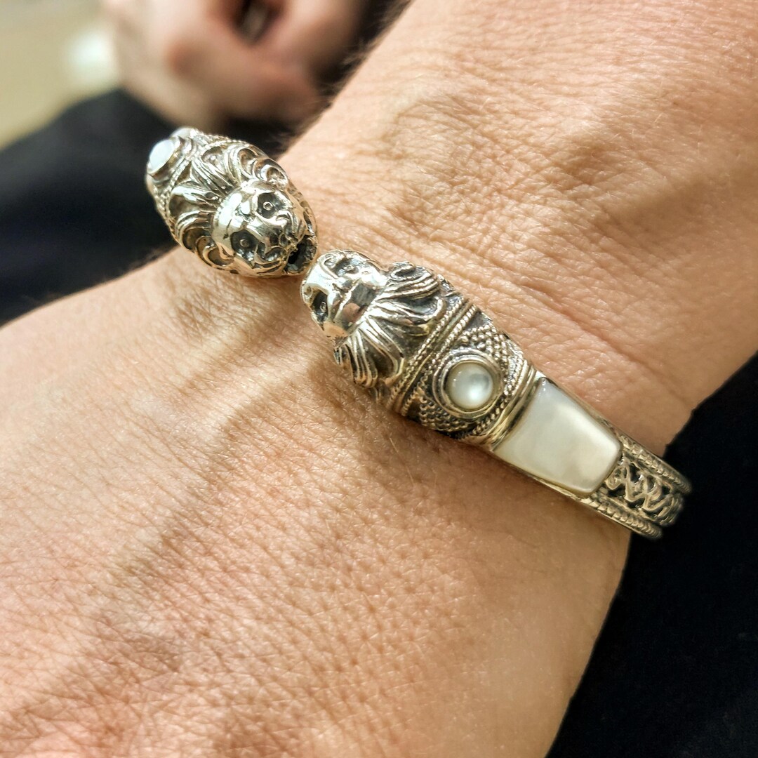 Sterling Silver Lion Head Bracelet With Byzantine Shank and Mother-of ...