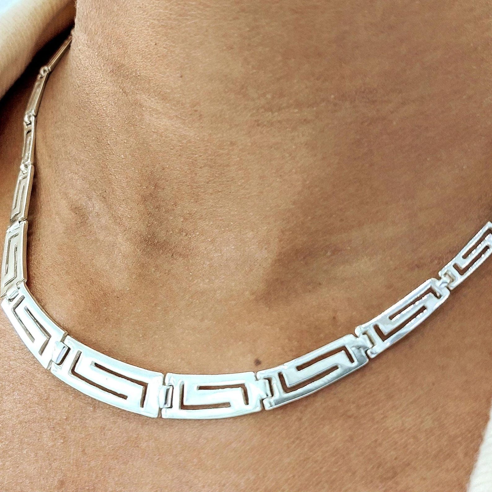 Greek Key Necklace in Sterling Silver 925, Tapered Geometric Meander ...