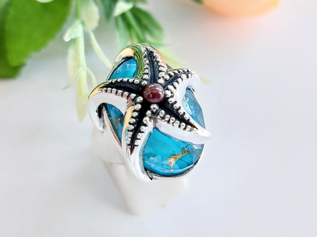 Starfish Ring, Sterling Silver Starfish on Turquoise Doublet Gemstone ...