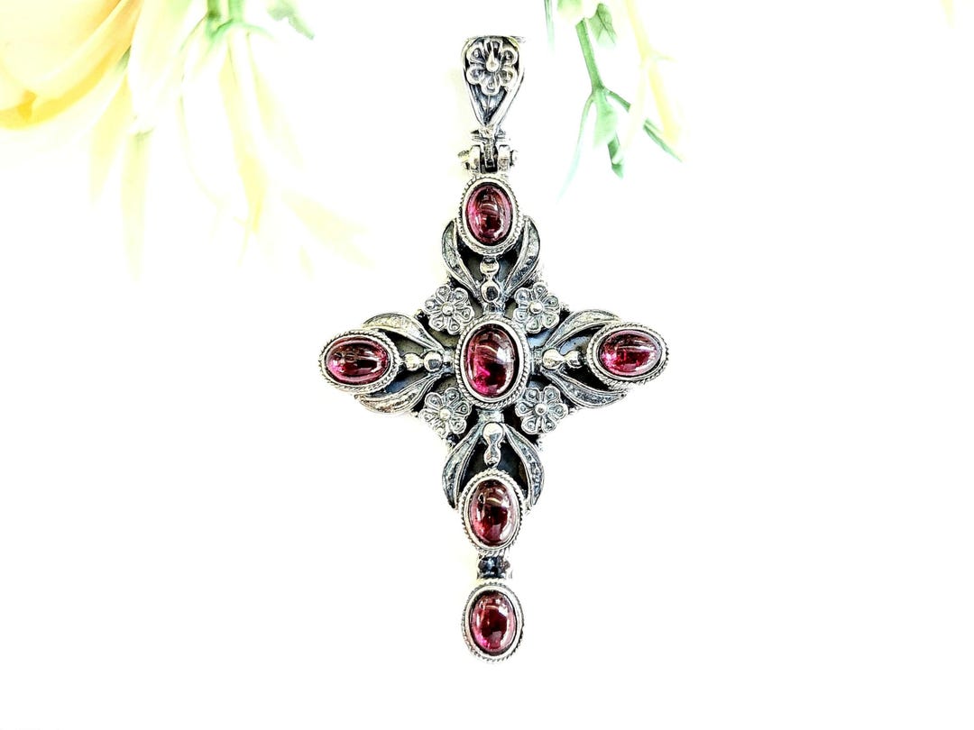 Garnet Cross in Sterling Silver With Floral Decorations and Garnet ...