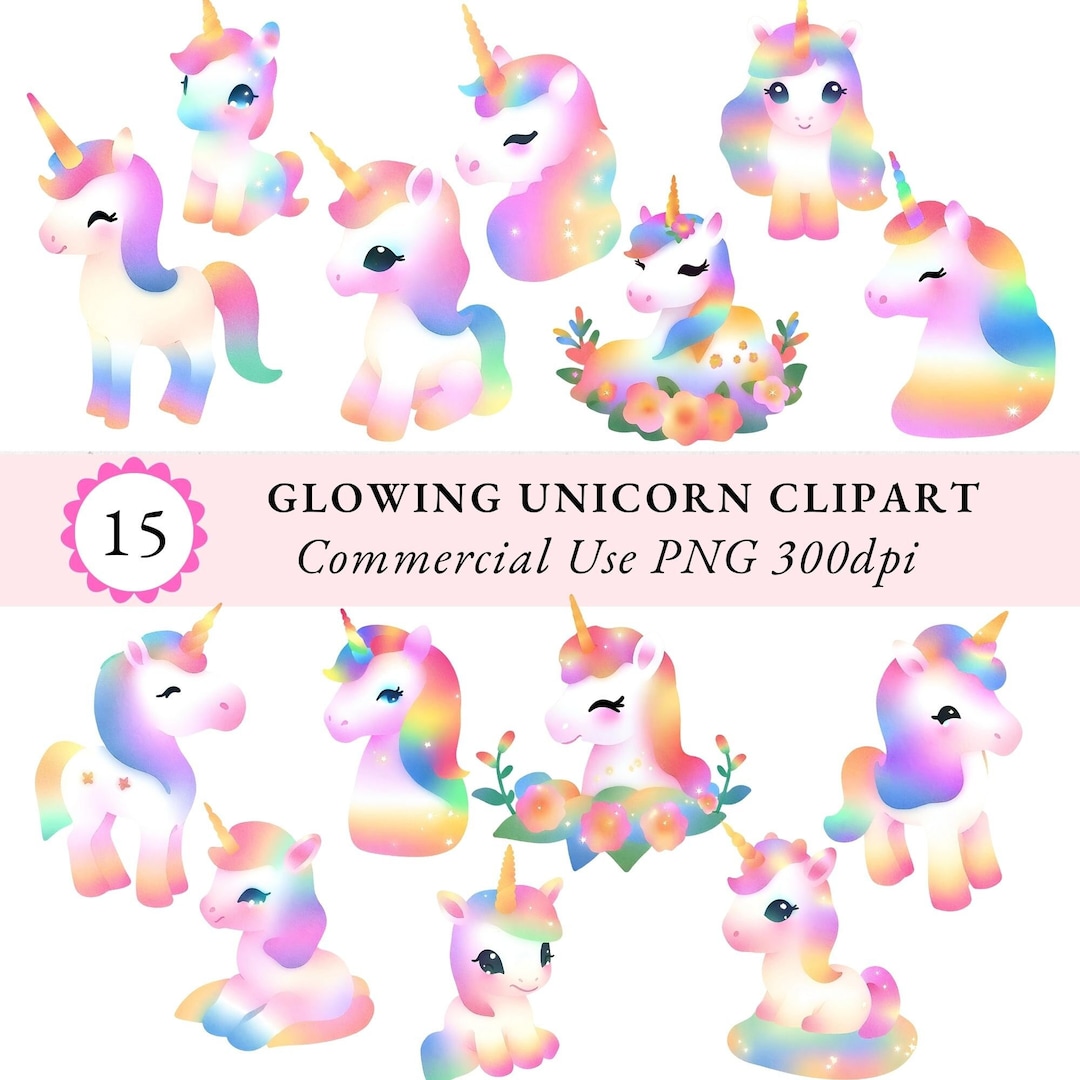 Glowing Neon Unicorn Clipart Bundle, Cute Unicorn Cartoon PNG ...