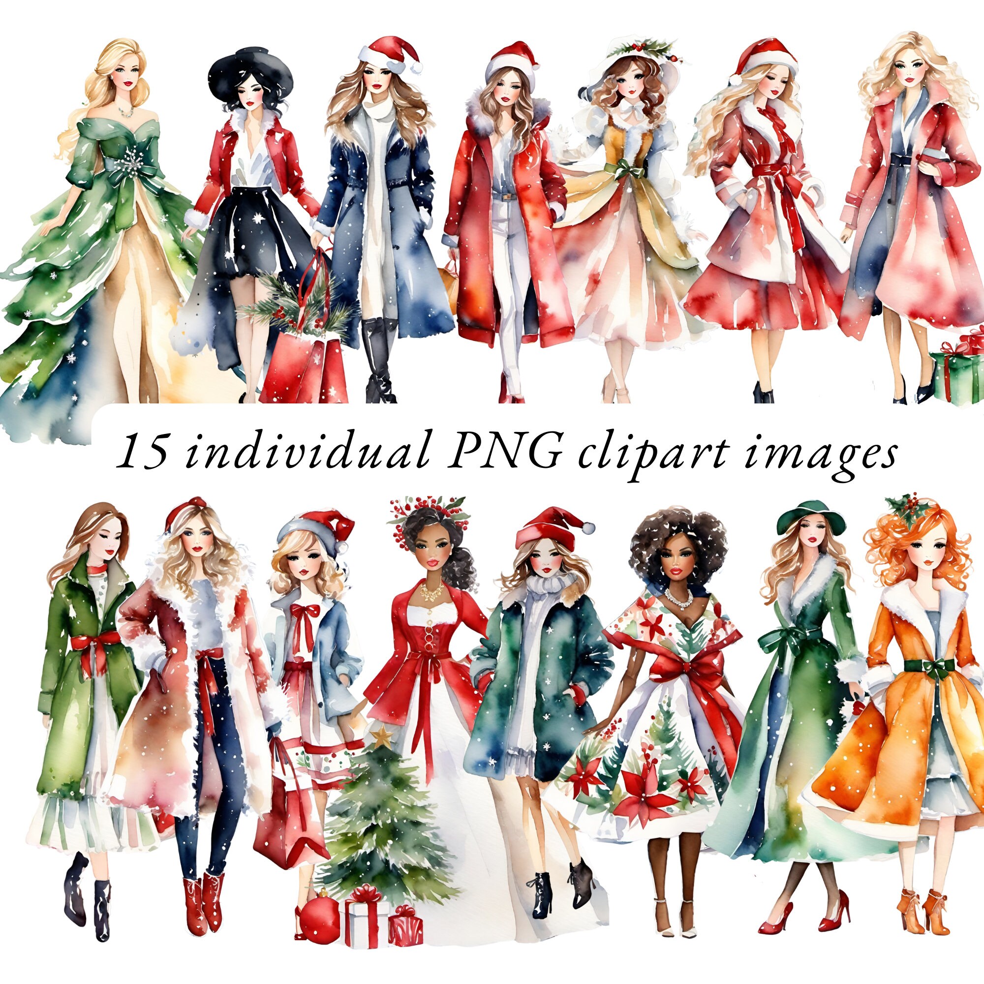 15 Aesthetic Christmas Girls Printable Stickers, Modern Lady Fussy Cuts ...