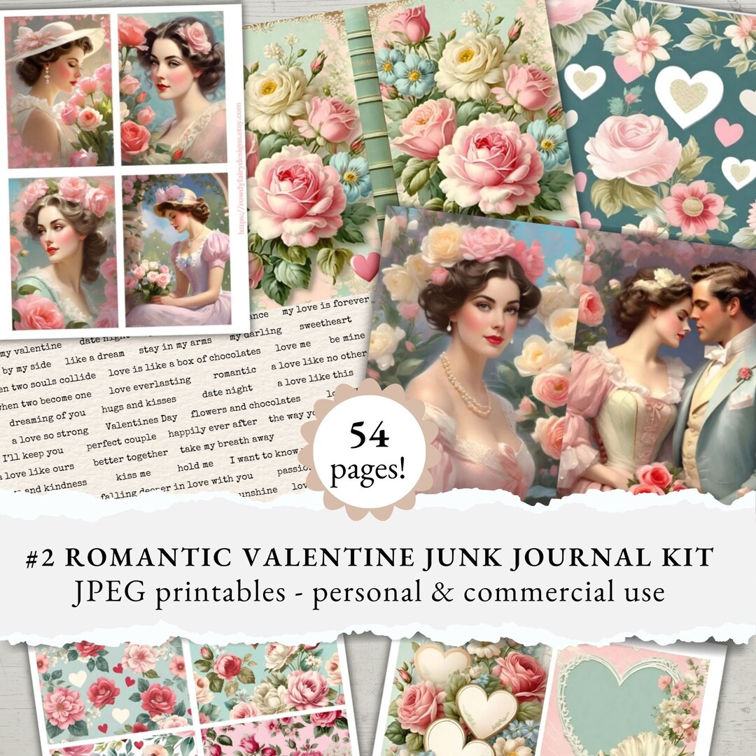 Romantic Valentine Junk Journal Kit, 54 Vintage Romance Printable ...