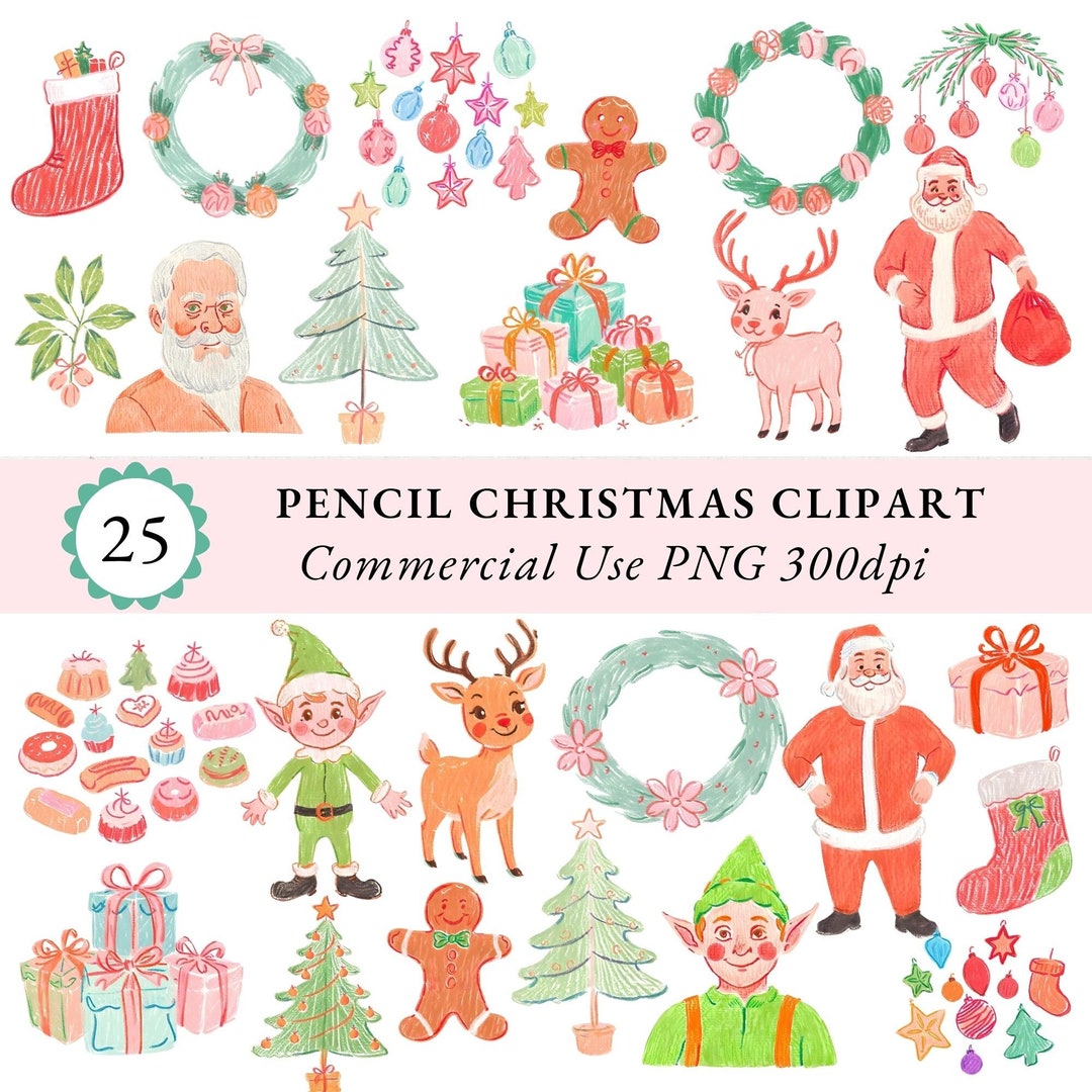 Cute Pencil Hand Drawn Christmas Clipart Illustrations Mixed - Etsy