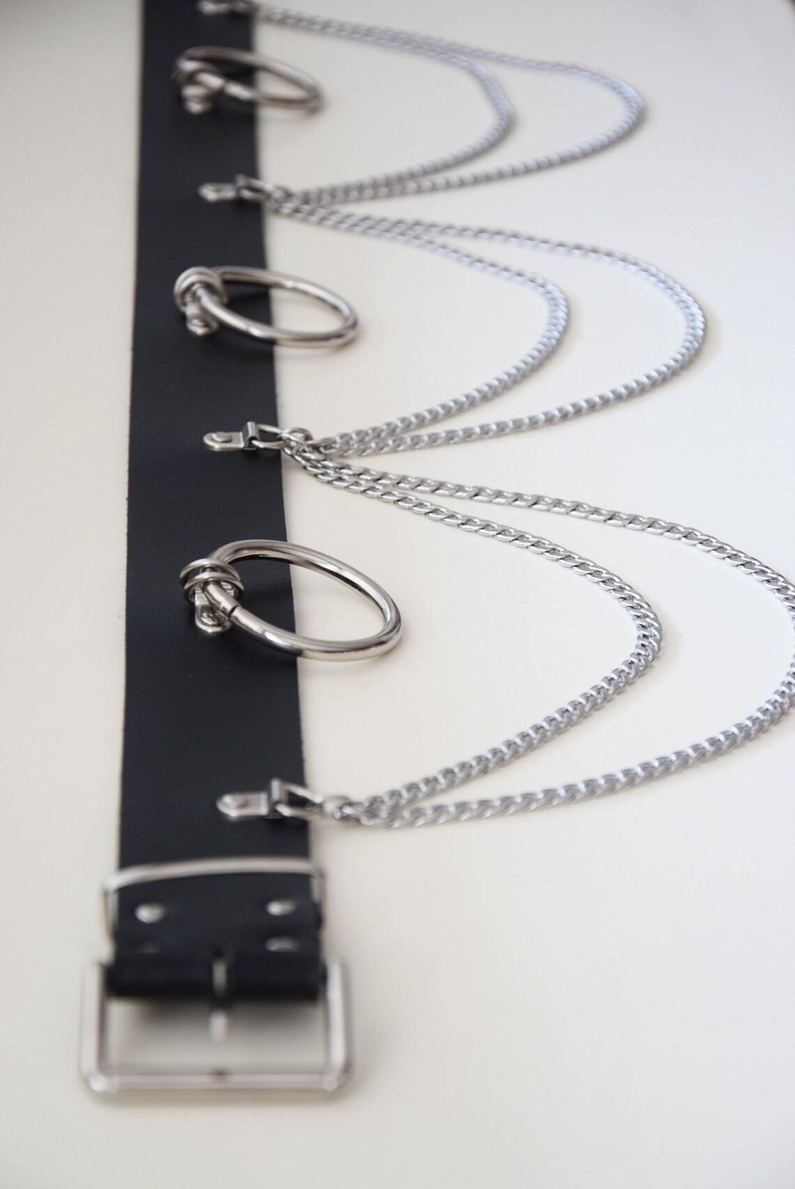 O-rings Leather Belt With Multiple Chains, High Quality Genuine Leather ...