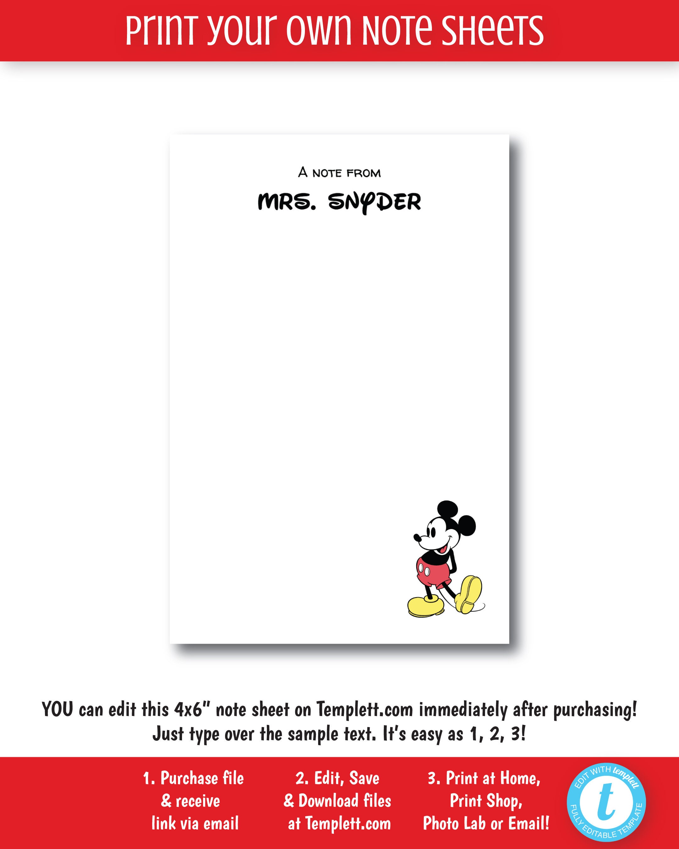 Printable Mickey Mouse Stationery Set Printable Mickey Note | Etsy