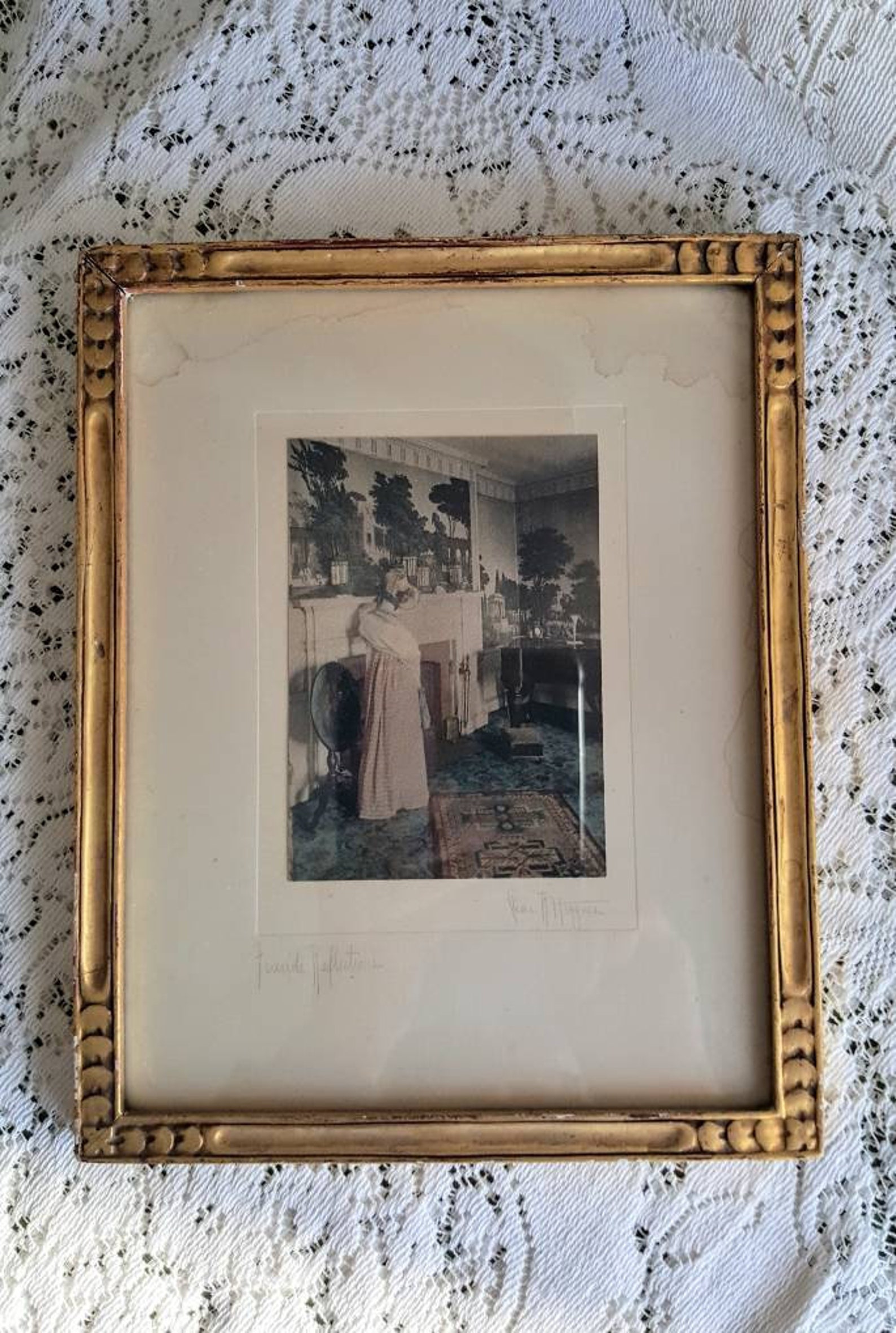 Charles R. Higgins Framed Hand Colored Photograph Fireside Reflections ...