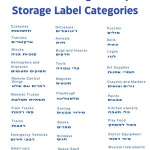 Hebrew English Customizable Toy Storage Bin Labels (32 Cards) | Toy ...